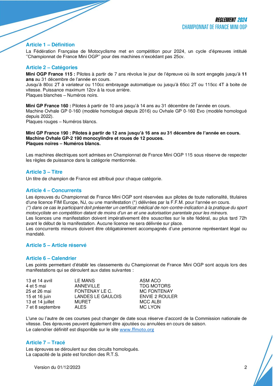Règlement Championnat de France Mini OGP | FFMoto